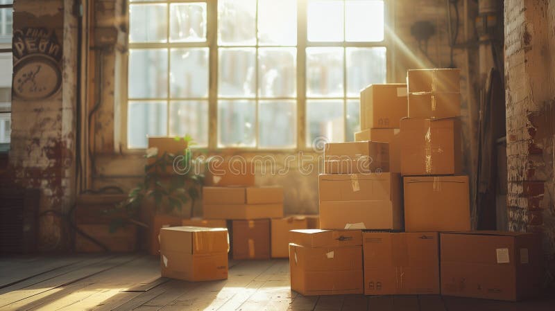 Stacked Cardboard Boxes in a Sunlit Room. Moving and Storage Background ...