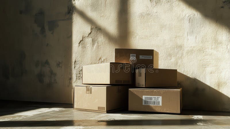 Stacked Cardboard Boxes in a Sunlit Room Stock Illustration ...