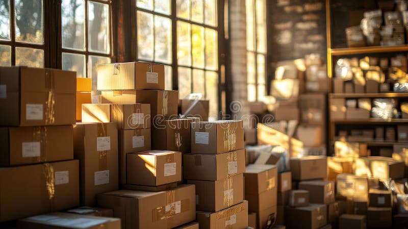 Stacked Cardboard Boxes in a Sunny Warehouse Stock Illustration ...
