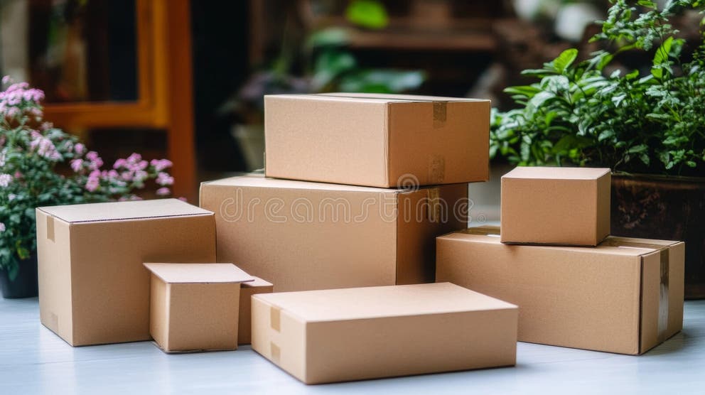 Stacked Cardboard Boxes on Table with Plants Stock Illustration - Illustration of home, flowers ...
