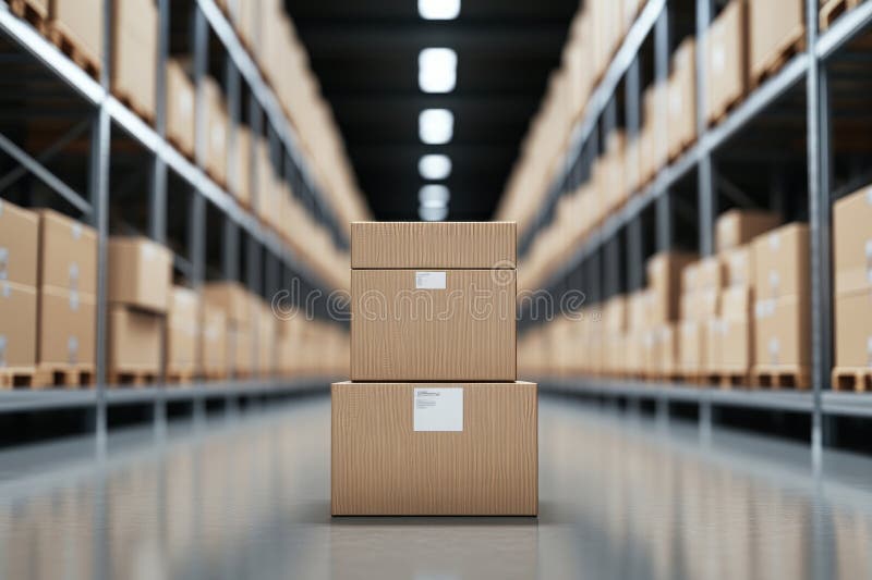 Stacked Cardboard Boxes in a Warehouse Aisle with Shelves Stock Photo ...