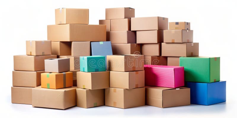 Stacked Cardboard Boxes on White Background, Horizontal , Multiple Brown Cardboard Boxes ...