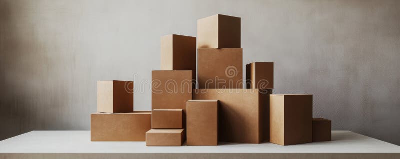 Stacked Cardboard Boxes on a White Table, Minimalist Art Concept Stock ...