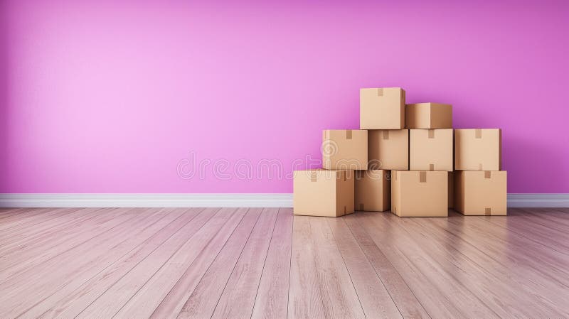 Stacked Cardboard Boxes on Wooden Floor Against Empty Pink Wall for ...
