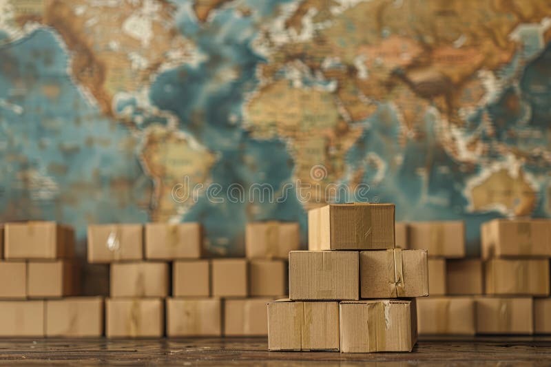 Stacked Cardboard Boxes with a World Map Background, Symbolizing Global ...