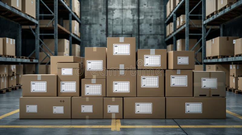 Stacked Cardboard Shipping Boxes with Labels in Warehouse Setting Stock ...