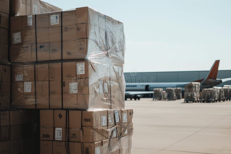 Stacked Cargo Boxes at Airport with Airplane in Background Representing ...