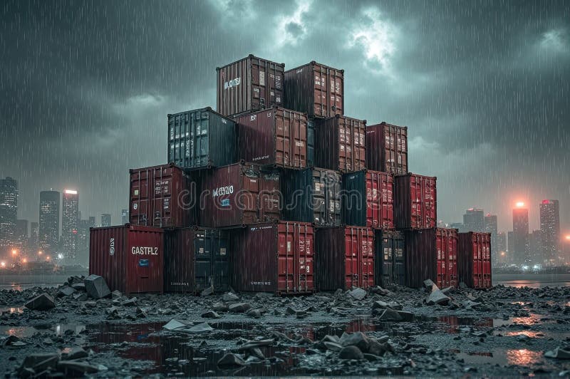 Stacked Cargo Containers Amidst Stormy Urban Backdrop Cityscape Stock ...