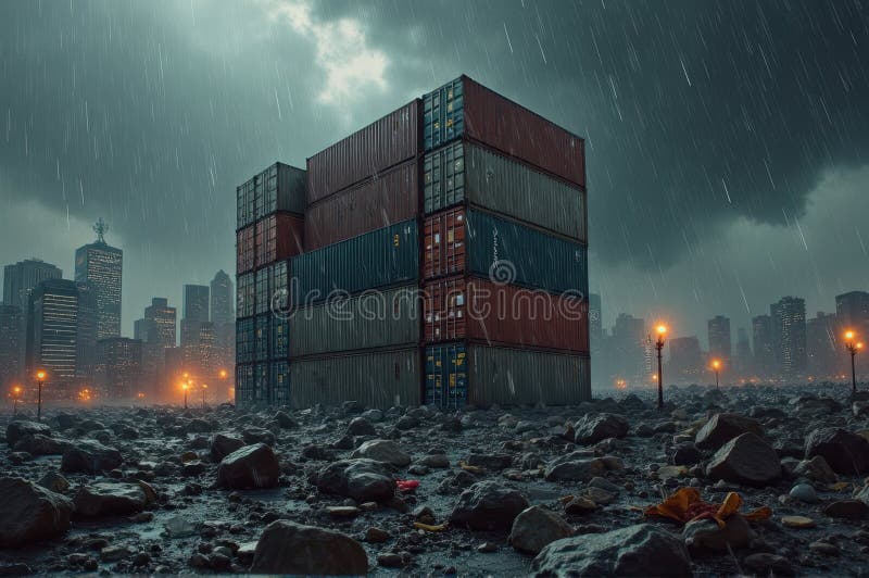 Stacked Cargo Containers Rainy Urban Landscape City Skyline Dramatic ...