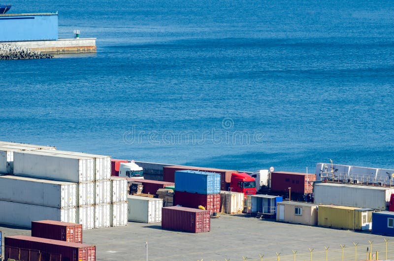 Stacked Cargo Containers in Storage Area of Freight Sea Port Stock ...