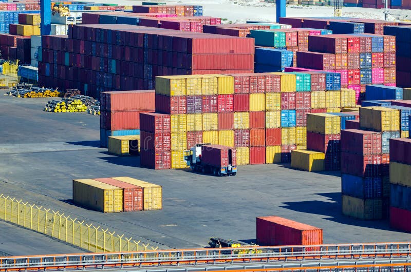 Stacked Cargo Containers in Storage Area of Freight Sea Port Stock ...