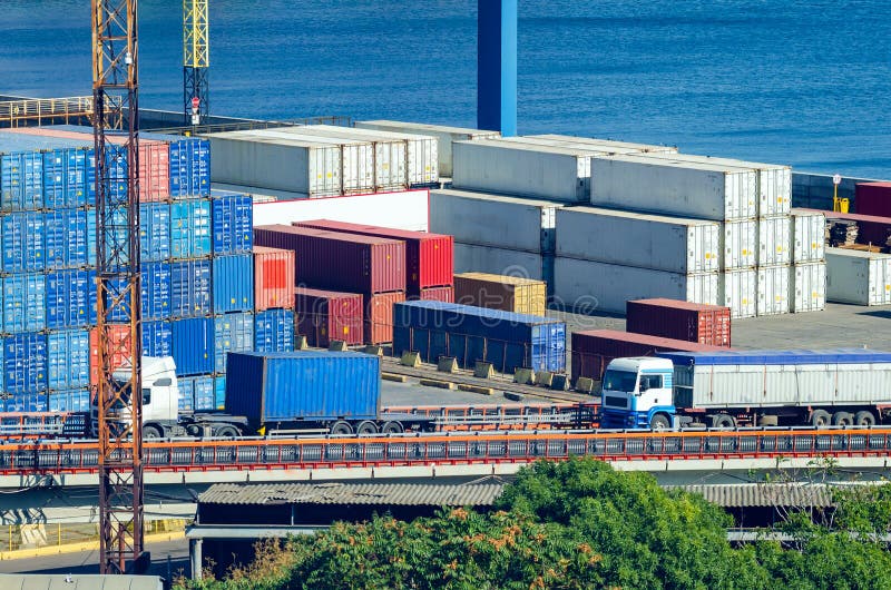 Stacked Cargo Containers in Storage Area of Freight Sea Port Stock ...