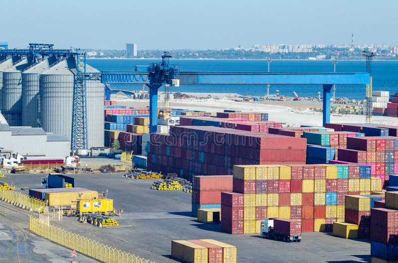 Stacked Cargo Containers in Storage Area of Freight Sea Port Stock ...