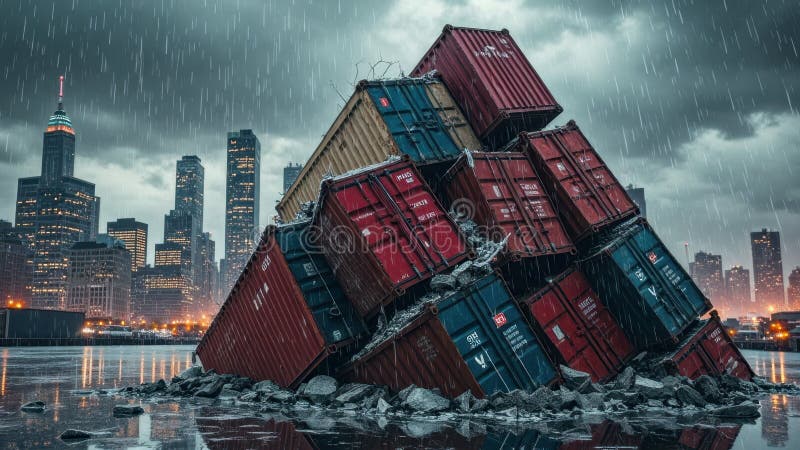 Stacked Cargo Containers in Stormy Urban Skyline with Rain Stock Image ...