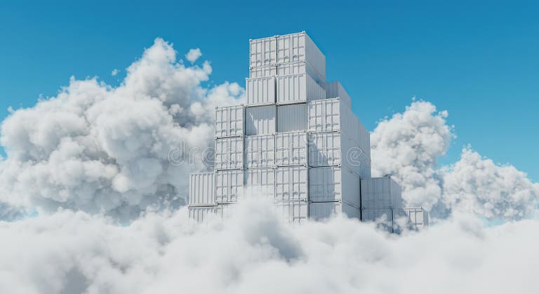 Stacked Cargo Containers Surrounded by Fluffy Clouds Against Bright ...