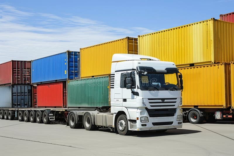Stacked Cargo Containers with White Semi-truck in Foreground at ...