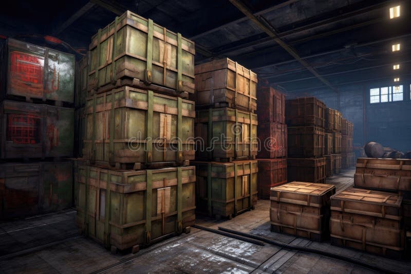 Stacked Cargo Crates with Labels in Warehouse Stock Image - Image of ...