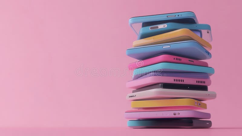 Stacked Cell Phones in Various Colors and Sizes Against a Pink ...