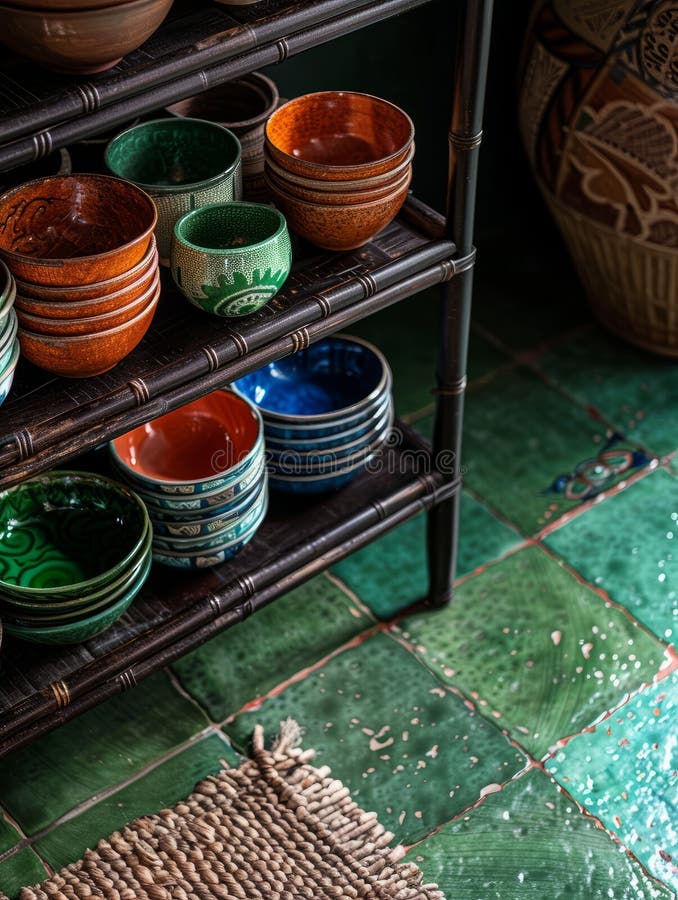 Stacked Ceramic Bowls on a Rack with Green Tile Flooring. Stock Photo ...
