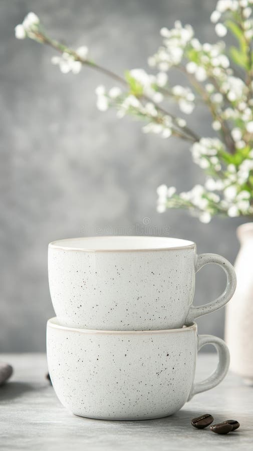 Stacked Ceramic Coffee Cups with Floral Backdrop Create Serene Scene ...