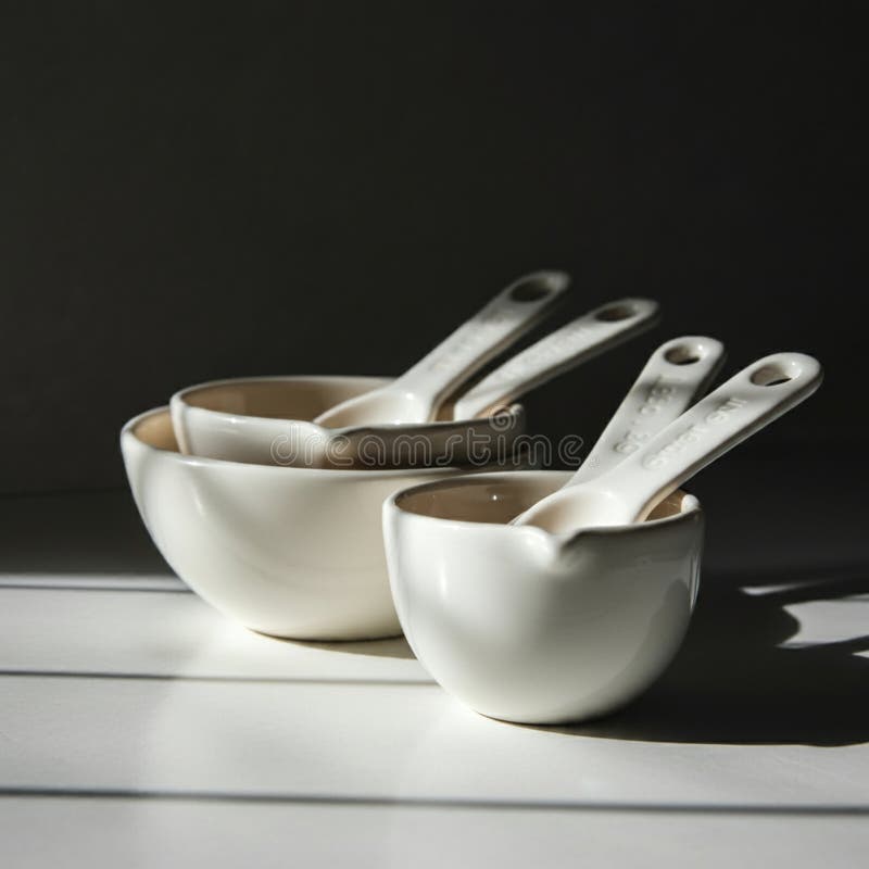 Stacked Ceramic Measuring Cups and Spoons in White are Displayed Under ...