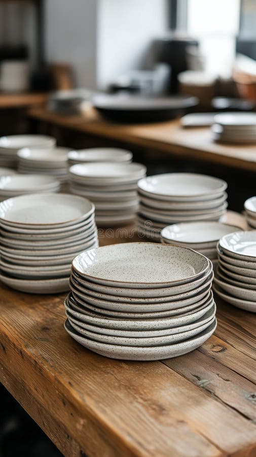 Stacked Ceramic Plates Arranged on a Wooden Table in a Minimalist ...