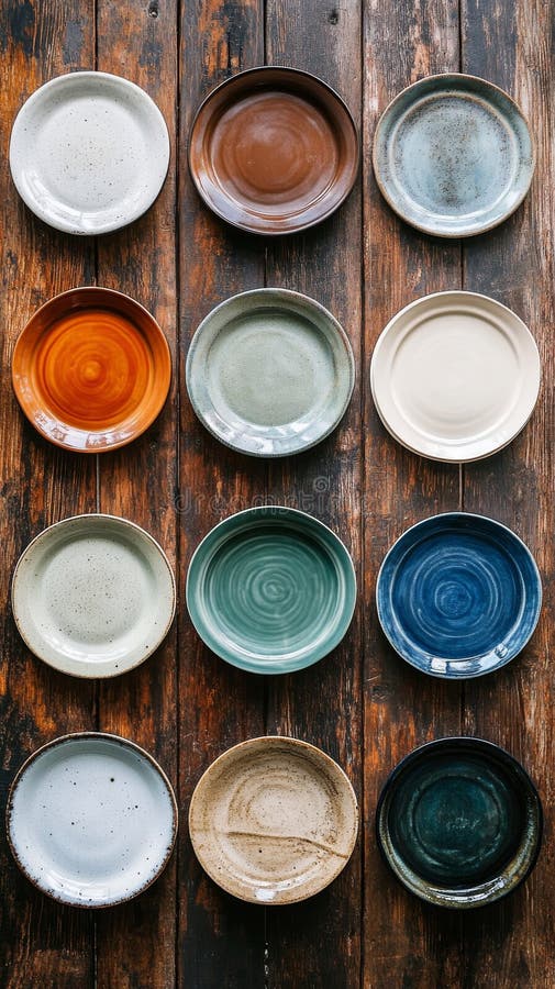Stacked Ceramic Plates Arranged on a Wooden Table in a Minimalist ...