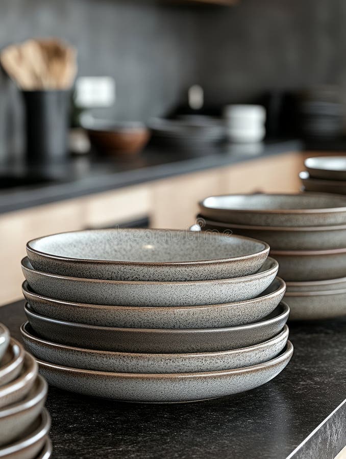 Stacked Ceramic Plates Black Kitchen Countertop Stock Photos - Free ...