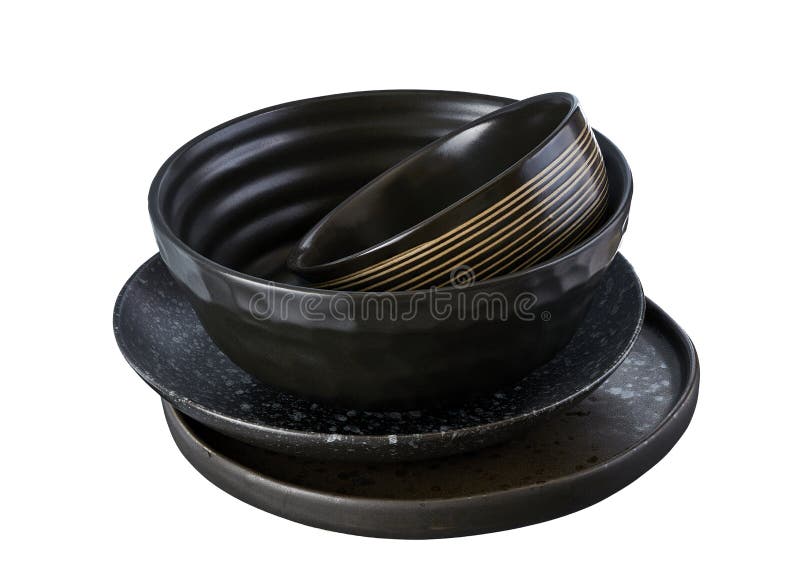 Stacked Ceramic Plates and Bowls, Empty Black Ceramics Plates Isolated ...