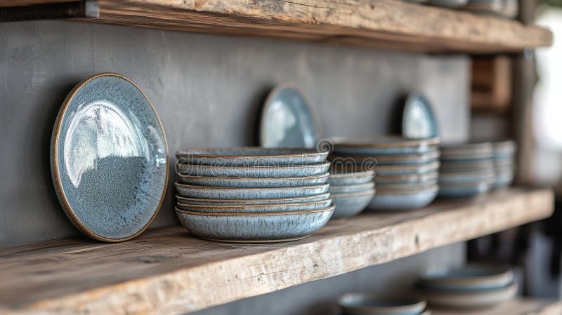 Stacked Ceramic Plates on Rustic Wooden Shelves Stock Photo - Image of ...