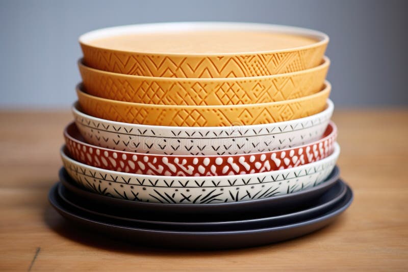 Stacked Ceramic Plates of Three Different Designs Stock Illustration ...