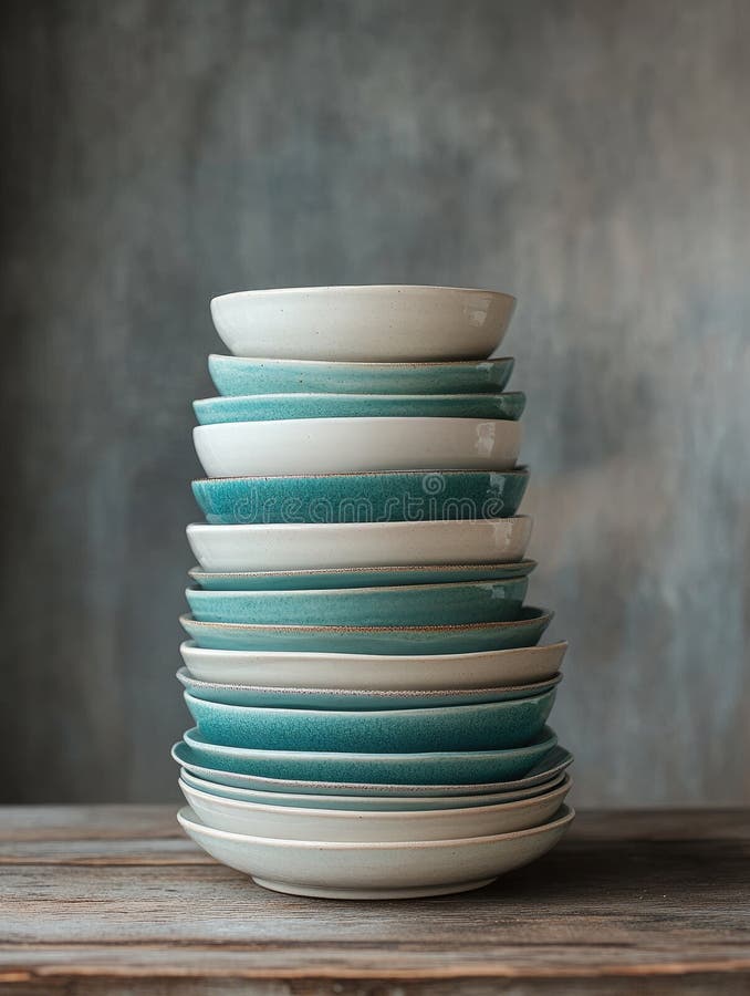 Stacked Ceramic Plates on a Wooden Table. Stock Image - Image of ...