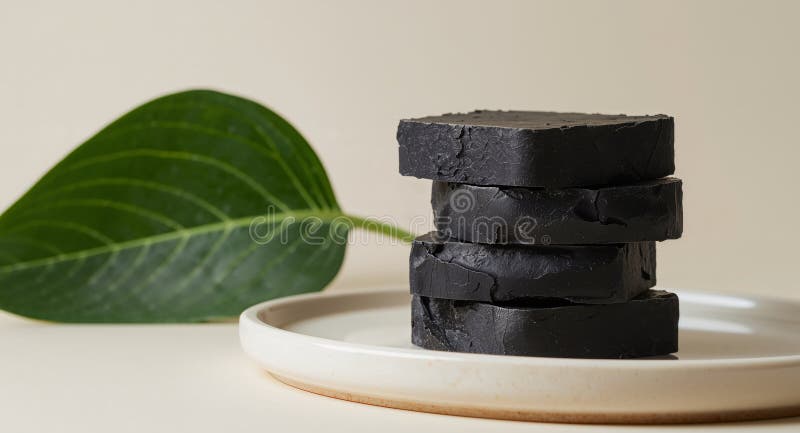 Stacked Charcoal Soap Bars on a Plate with a Green Leaf, Minimalist ...
