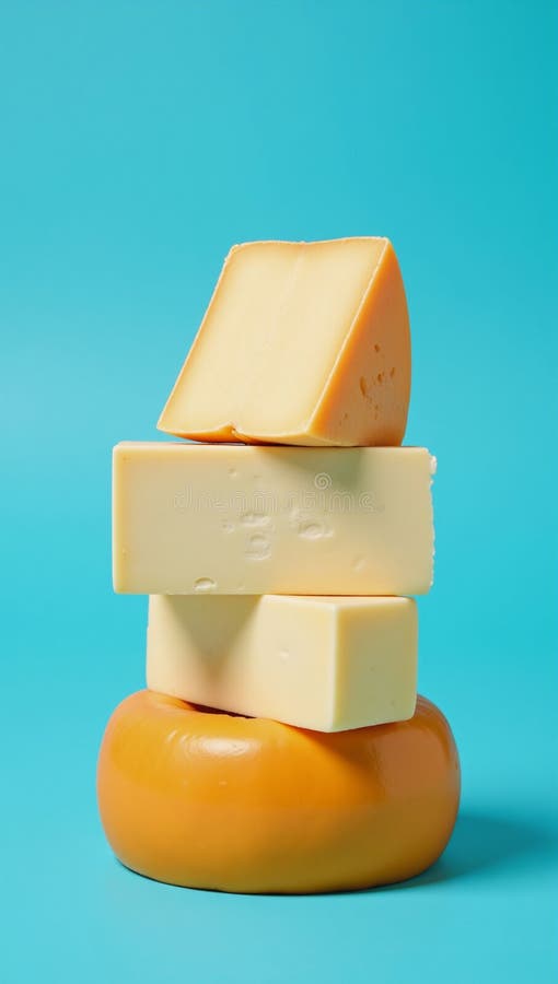 Stacked Cheese Display Featuring Colorful Cheeses Against a Vibrant ...