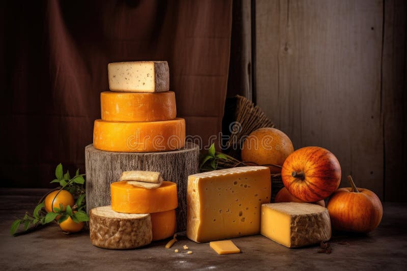 Stacked Cheese Wheels with Cellar Brick Background Stock Image - Image ...