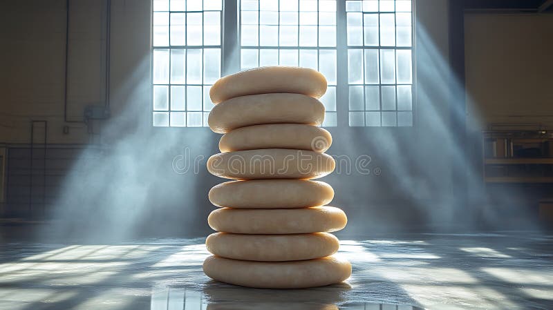 Stacked Cheese Wheels in a Sunlit Factory Stock Image - Image of ...