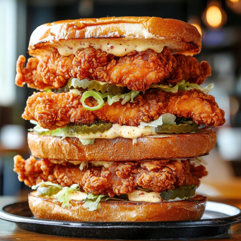 Stacked Chicken Sandwiches with Crispy Texture and Fresh Ingredients ...