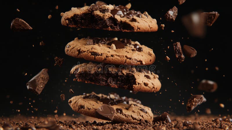 Stacked Chocolate Chip Cookies in Air with Crumbs Stock Illustration ...