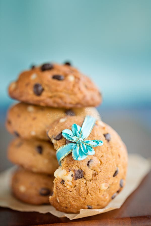 Stacked Chocolate Chip Cookies with Blue Ribbon Stock Image - Image of ...