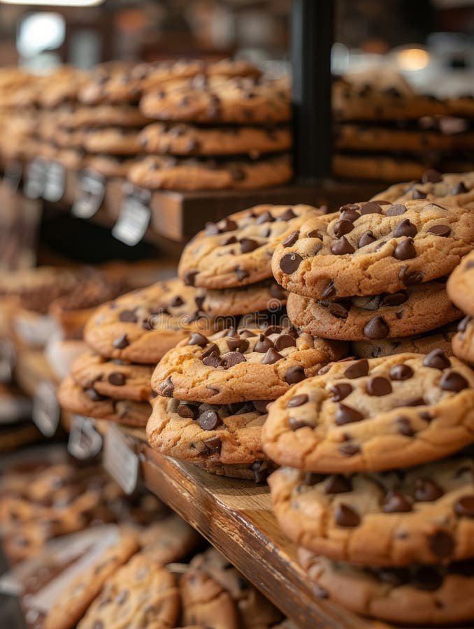 Stacked Chocolate Chip Cookies on Display at a Bakery. Stock Photo ...