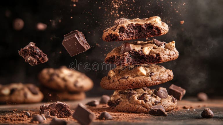 Stacked Chocolate Chip Cookies with Falling Chocolate Chunks Stock ...