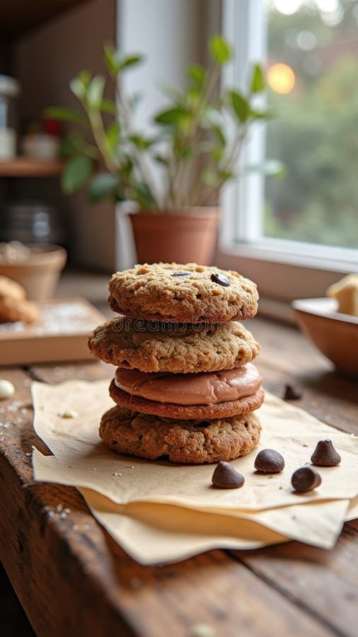 Stacked Chocolate Chip Cookies with a Smooth Chocolate Filling on a ...