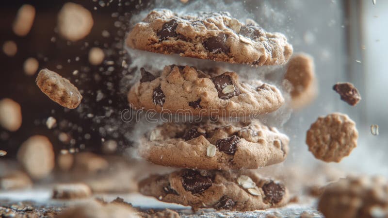 Stacked Chocolate Chip Oatmeal Cookies in Motion Stock Illustration ...