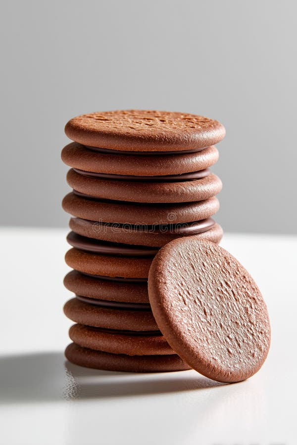 Stacked Chocolate Cookies on Clean White Surface with Subtle Grey ...