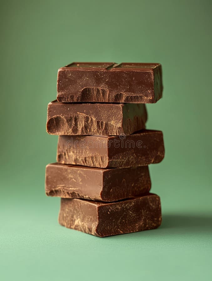 Stacked Chocolate Pieces on a Green Background. Stock Image - Image of ...