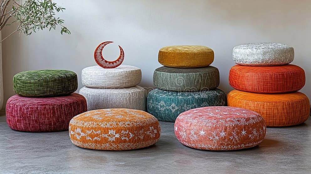 Stacked Circular Floor Cushions in Various Colors and Patterns Stock ...