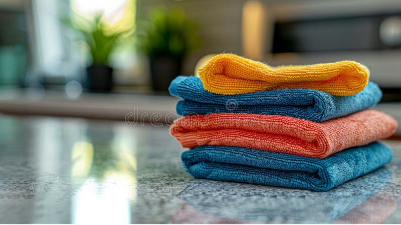 Stacked Cleaning Cloths on a Reflective Kitchen Countertop. Stock Image ...