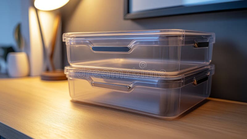 Stacked Clear Plastic Storage Containers Wooden Table Stock Photos ...