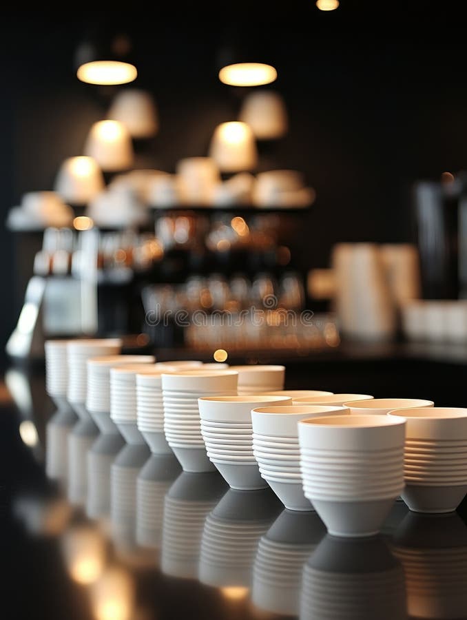 Stacked Coffee Cups on a Glossy Counter in a Modern Cafe. Stock Photo ...