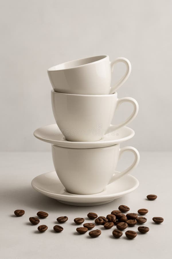 Stacked Coffee Cups and Scattered Beans on a Table in a Minimalist ...